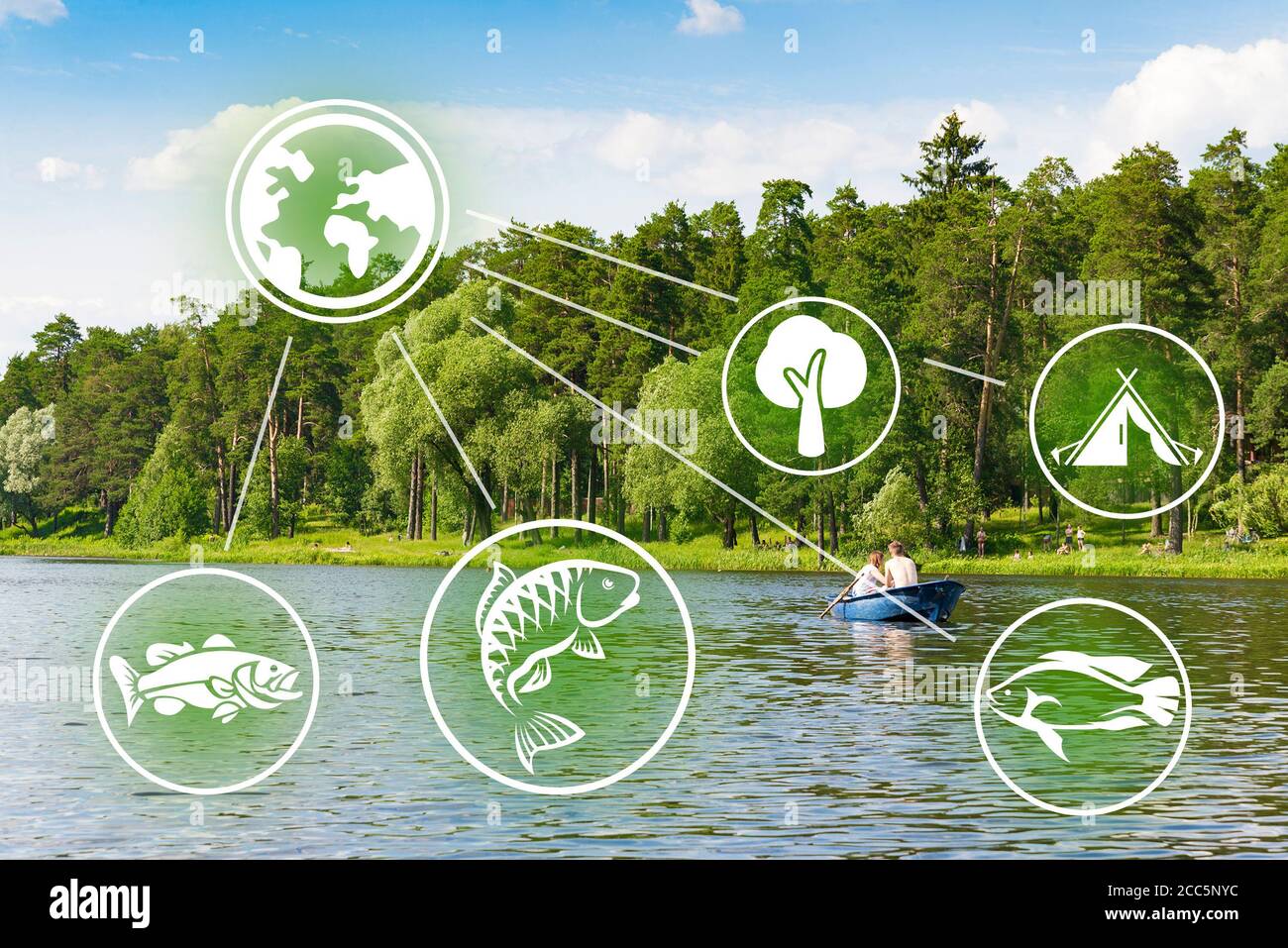 River fish icon on a river and forest background. The concept of ...