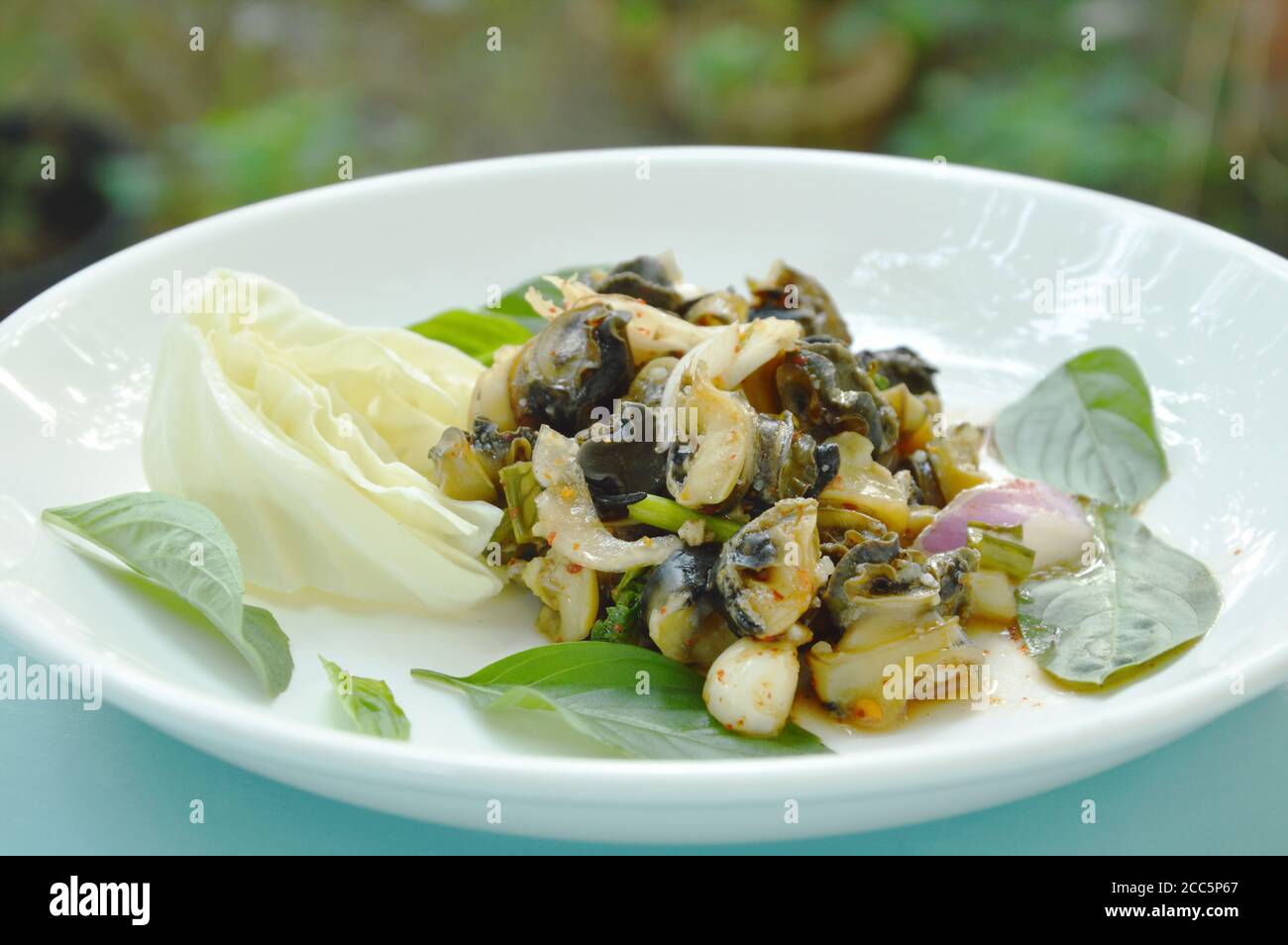 spicy golden apple snail with herb salad on white plate Stock Photo - Alamy