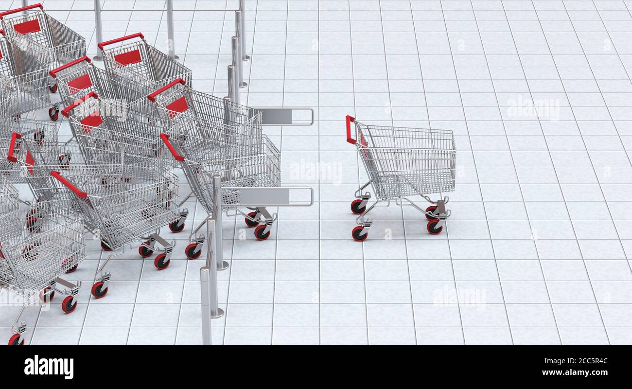 supermarket traffic jam with empty shopping carts 3D rendering Stock ...