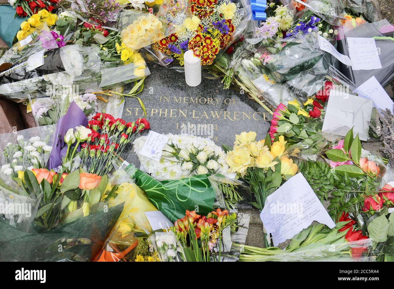 Stephen Lawrence Memorial Stone, Floral Tributes were laid for Stephan ...