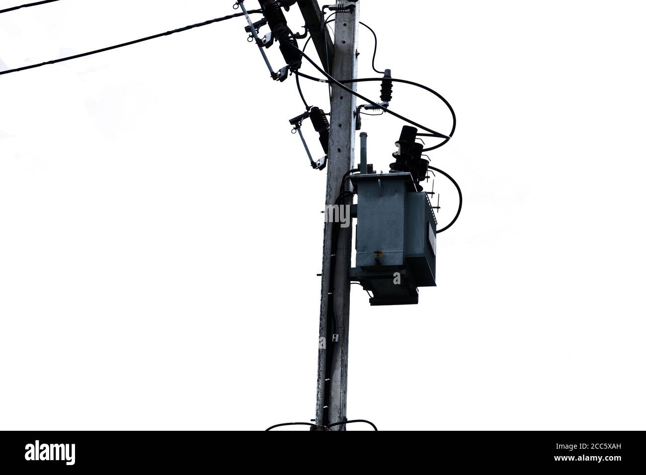 Electric pole with transformer Wooden poles with signs for high voltage ...