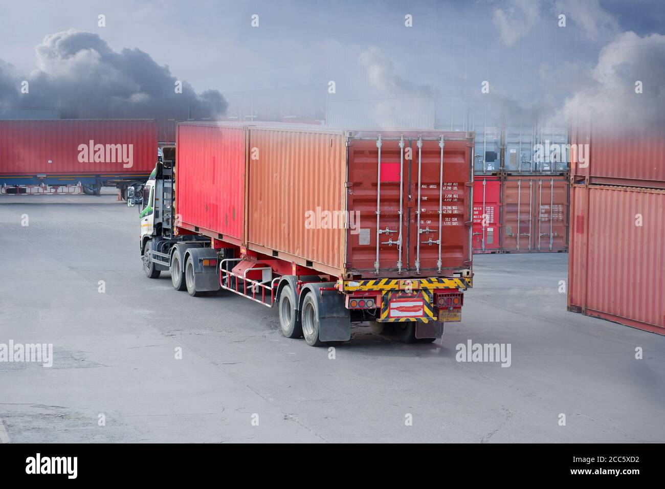 View of the container truck model between the cargo port Stock Photo ...