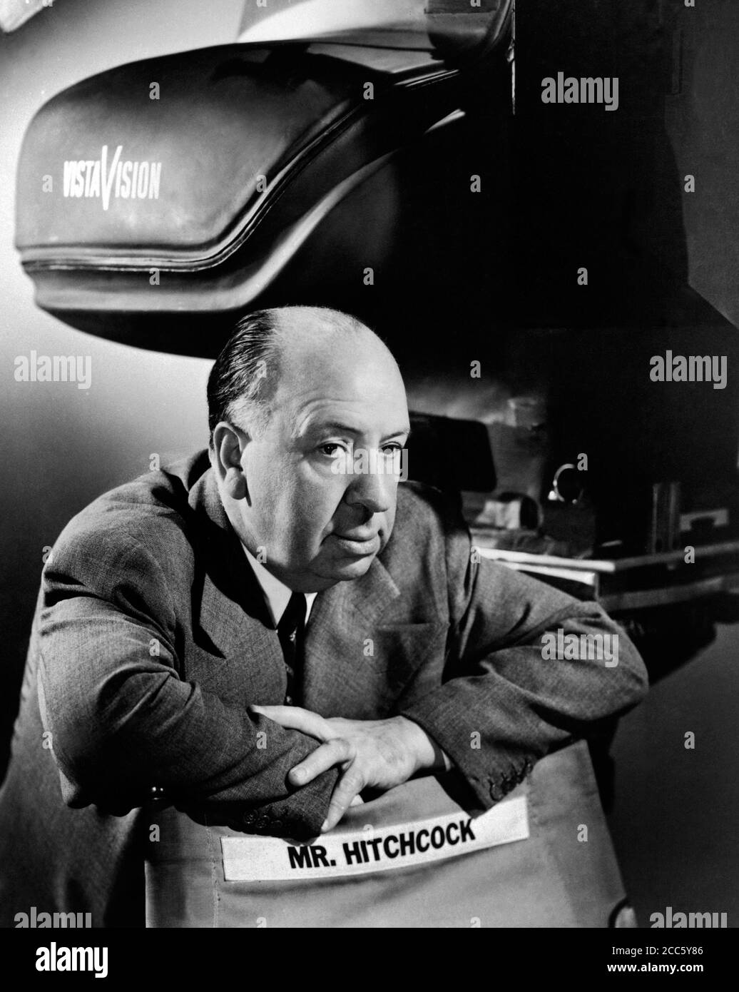 Film director Alfred Hitchcock with a VistaVision camera in a ...