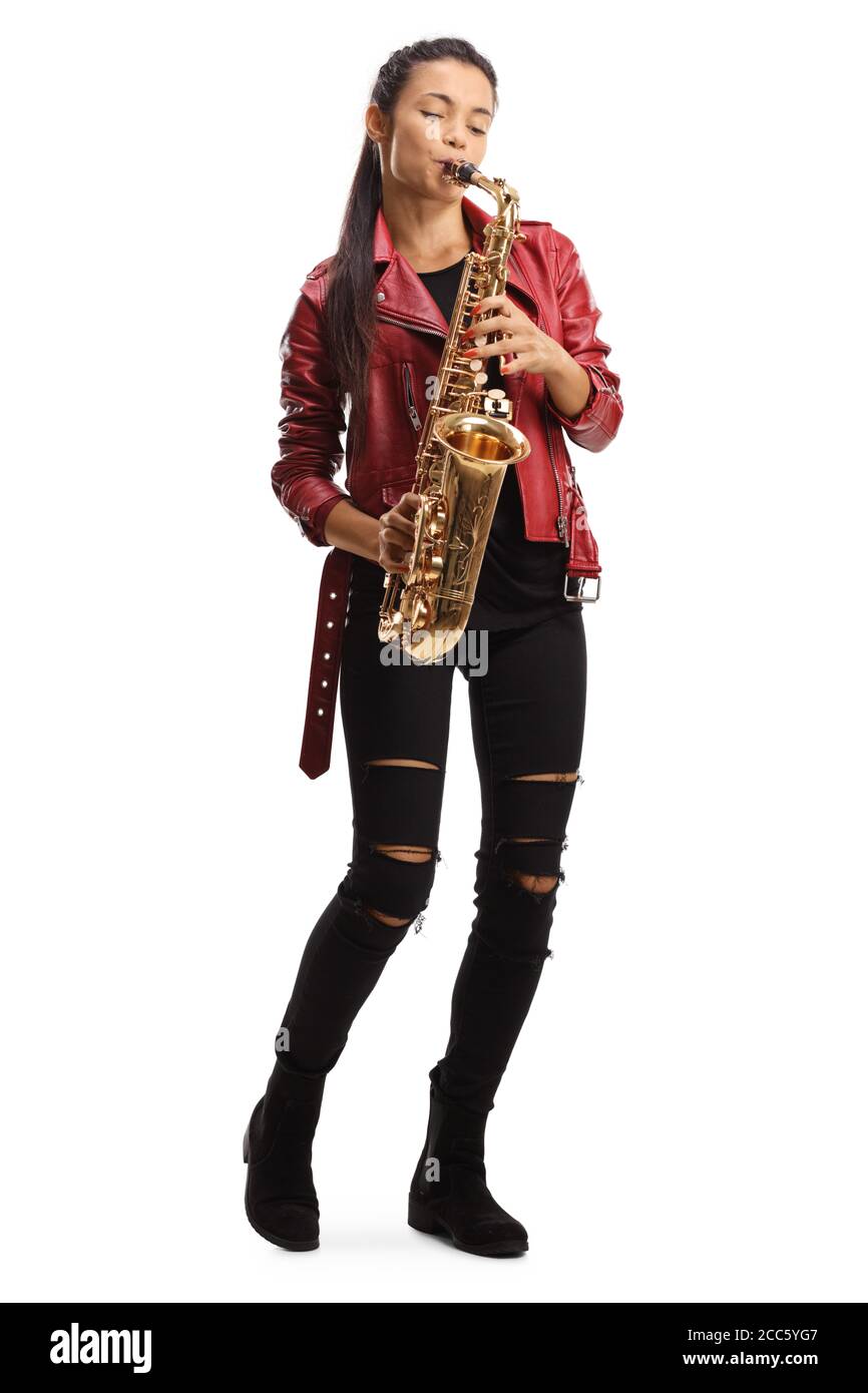 Full length portrait of a female saxophonist in a red leather jacket ...