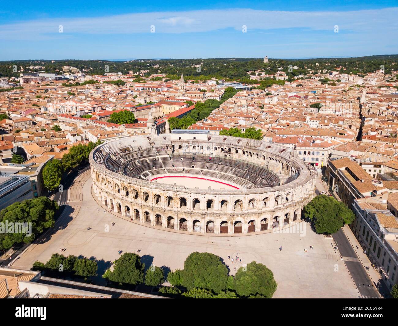 Nimes Arena aerial panoramic view. Nimes is a city in the Occitanie ...