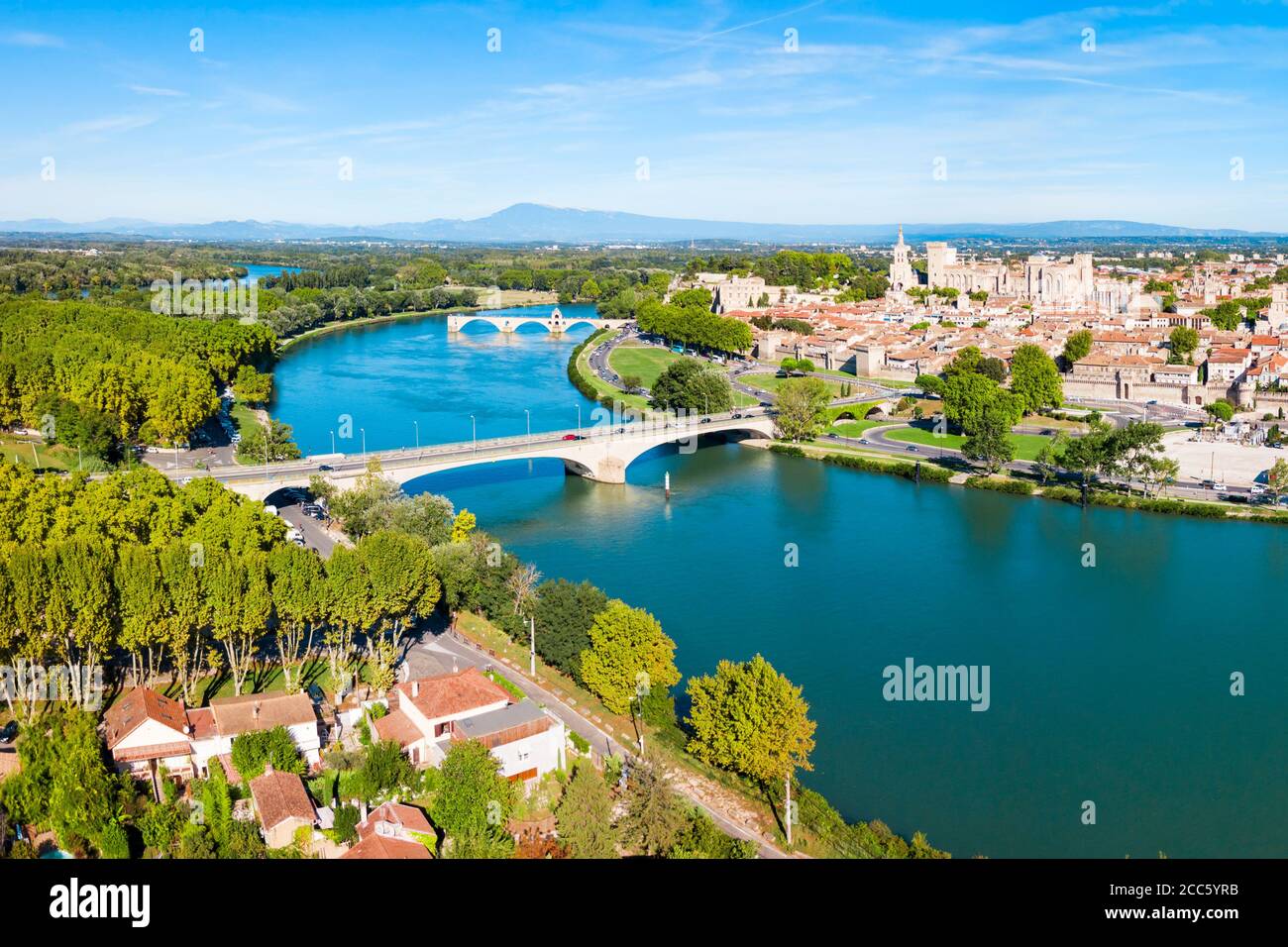 Rhone river aerial panoramic view in Avignon. Avignon is a city on the ...