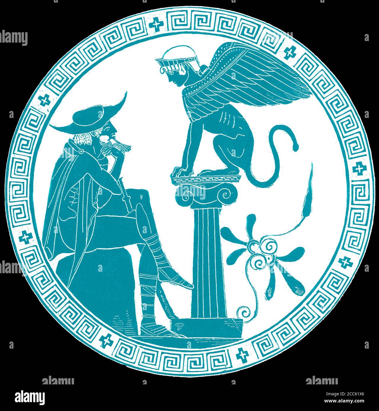 Oedipus answering questions of the sphinx in Thebe - engraving after ...