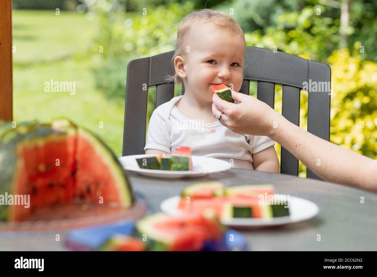 Cute baby boy eating watermelon is peeking at the camera sitting in the ...