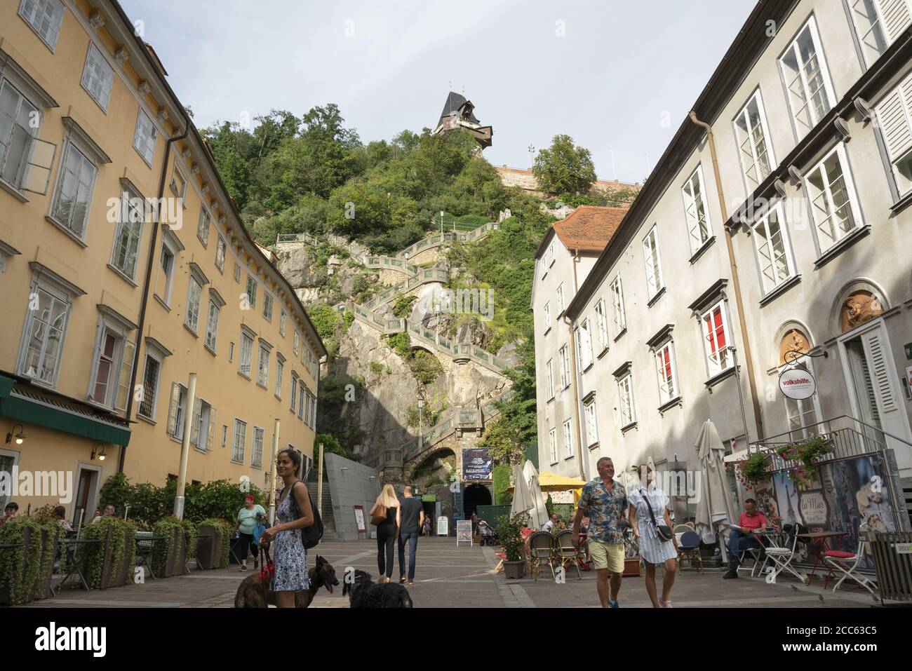 Graz, Austria. August 2020. view of the Schlossberg square with the ...