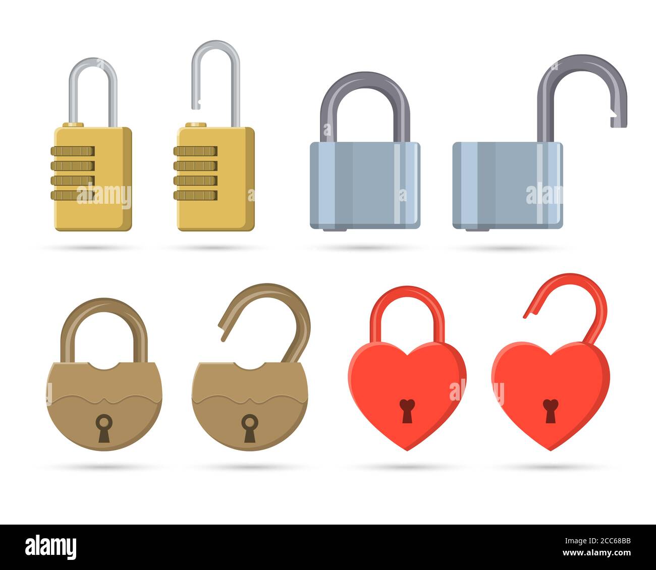 A set of the closed and open locks on the isolated white background ...