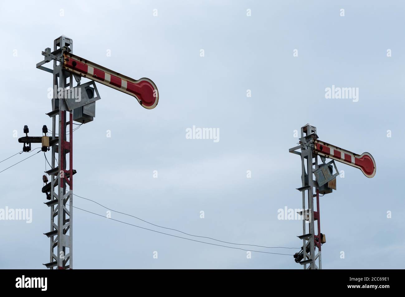Traffic signal pole in the stop status of the railway traffic system in ...