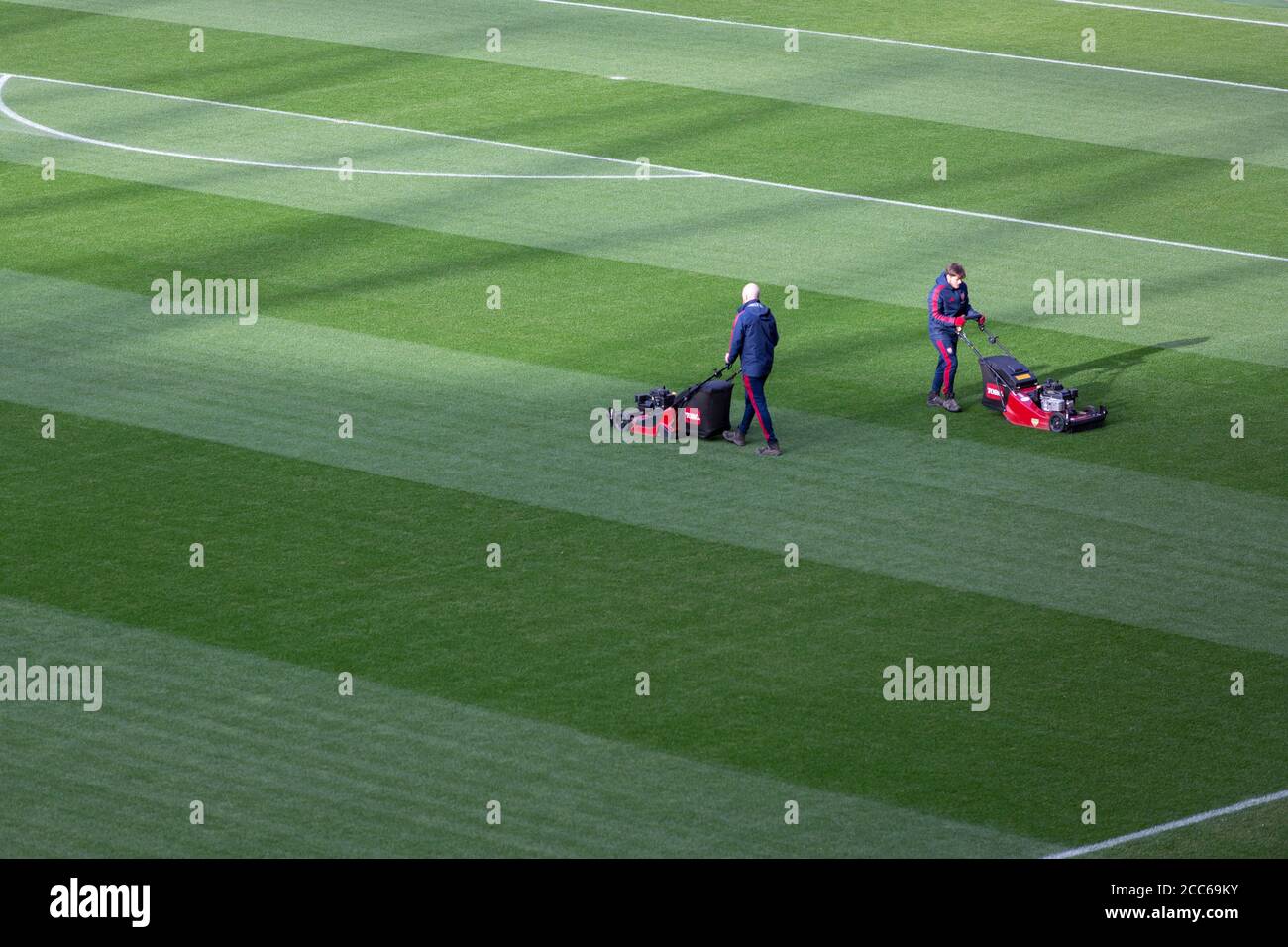 Groundmen working on pitch at Emirates Stadium Stock Photo - Alamy