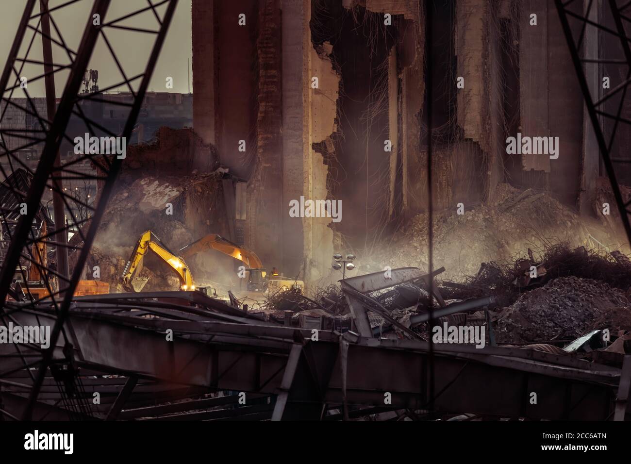 Hard Times of Lebanon. Renovation after Explosion in Beirut. Excavators ...