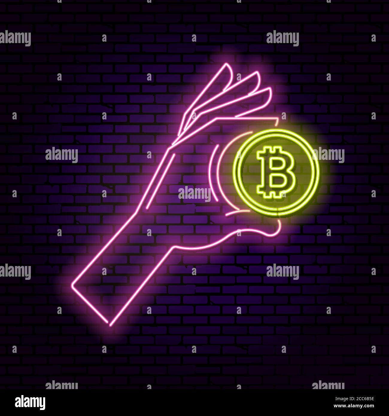 Neon illustration the hand holding a symbol bitcoin. The shining banner ...
