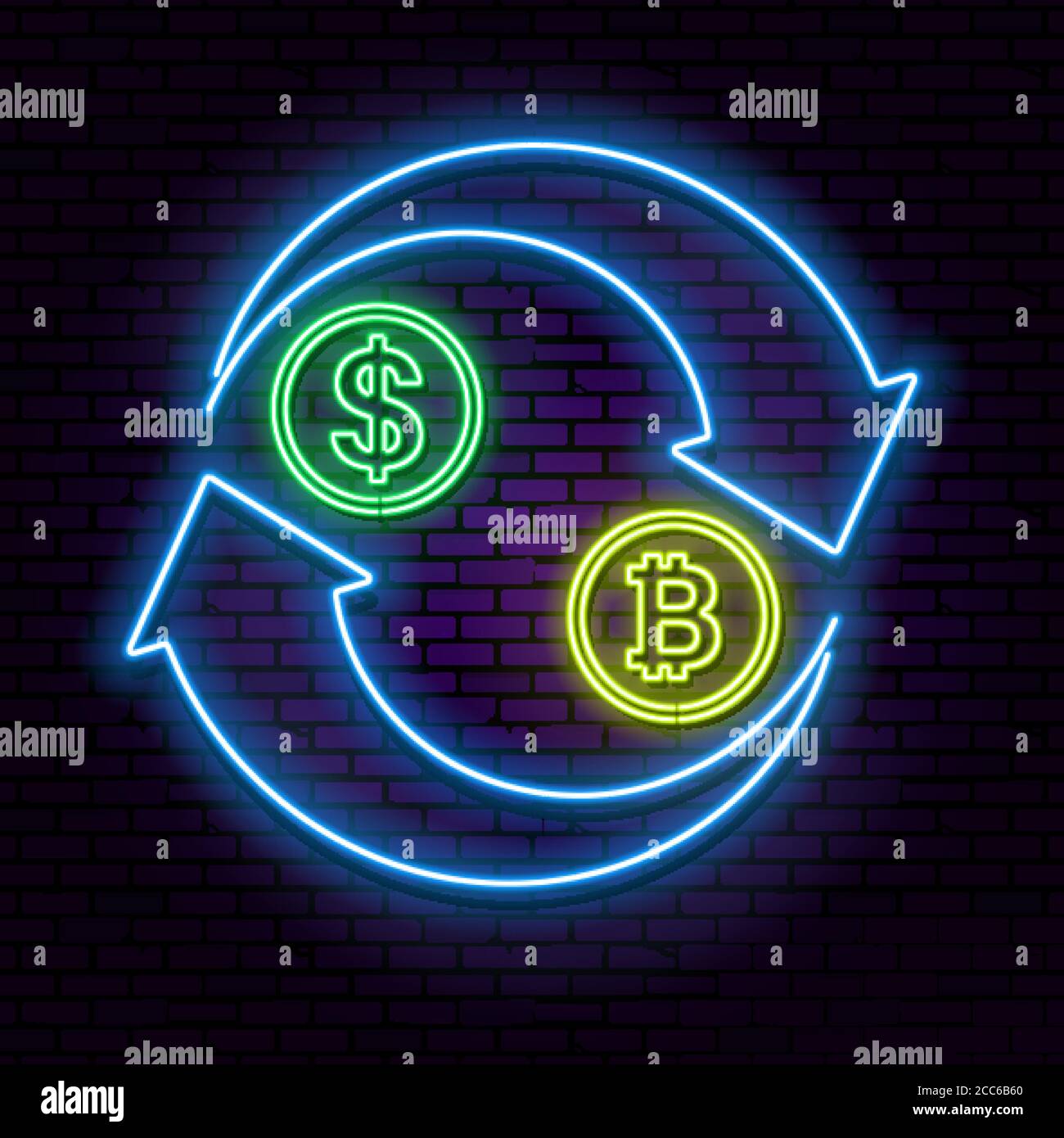 Neon illustration of an arrow currency exchange. The shining banner in ...