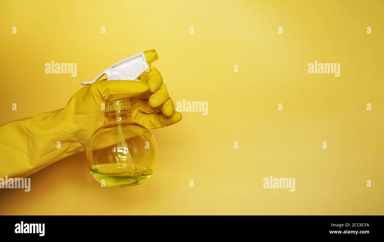 Hand in yellow rubber glove holding plastic spray bottle with cleaning ...