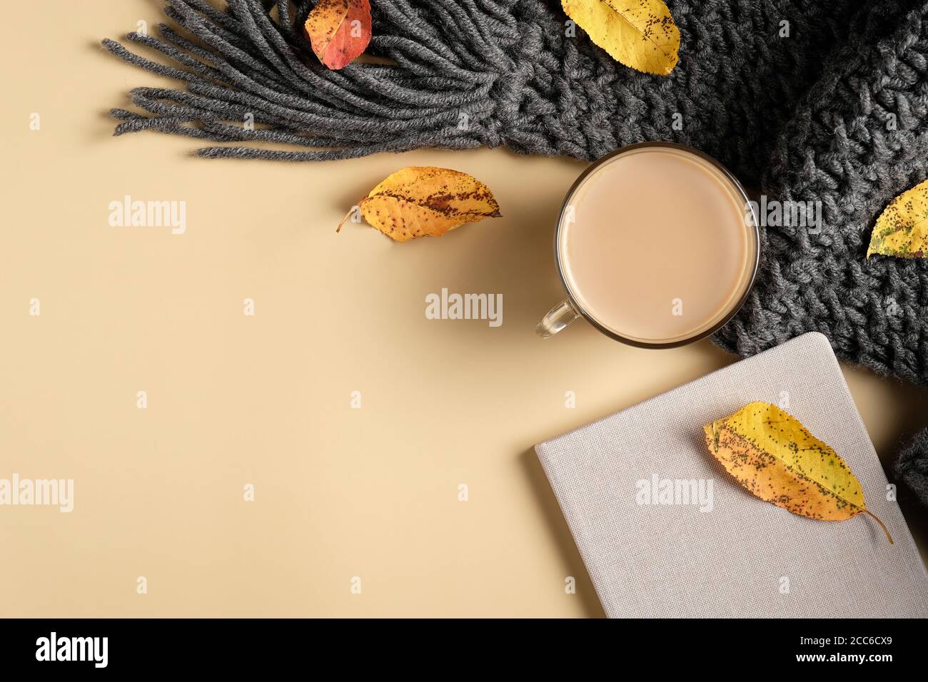 Autumn flat lay composition with knitted plaid, coffee cup, paper ...