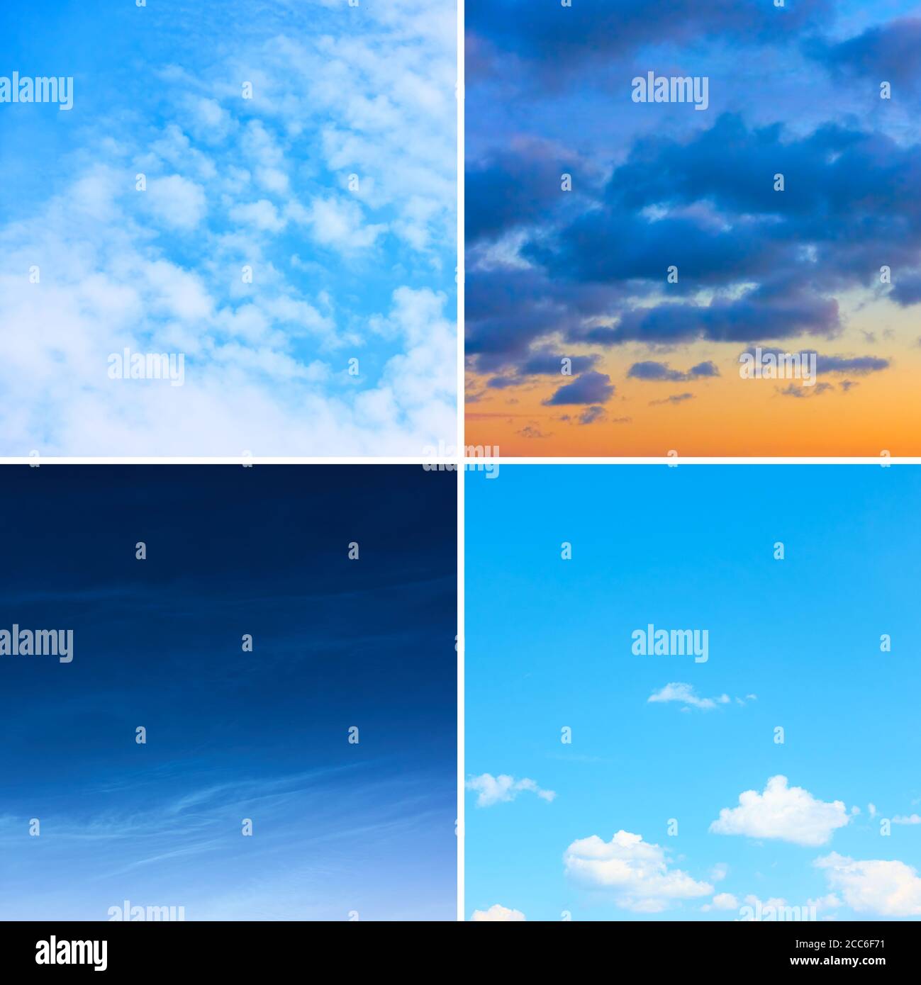 Set of four different skies with clouds. Day, night and sunset ...
