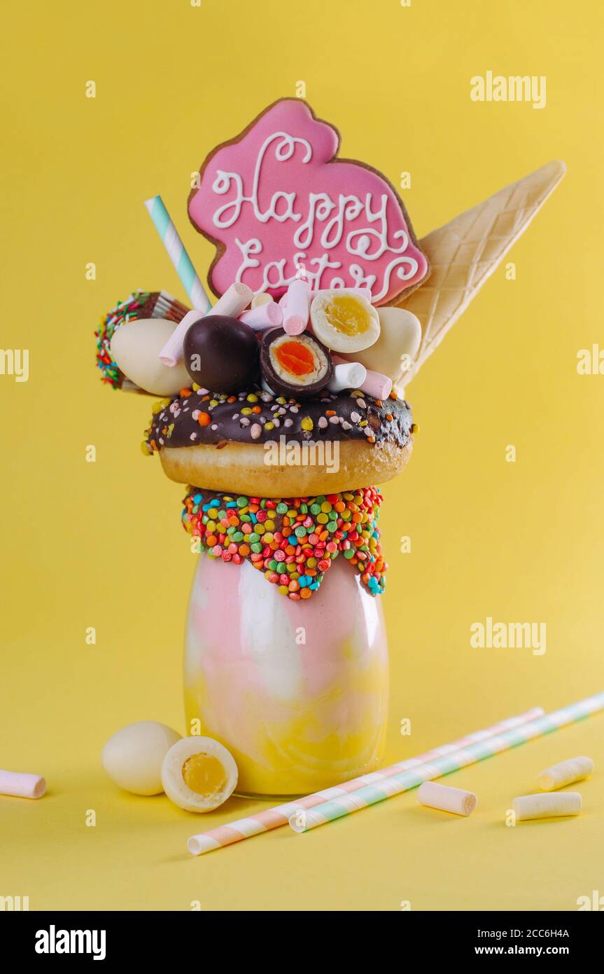 Easter freak shake on yellow background with copy space Stock Photo - Alamy