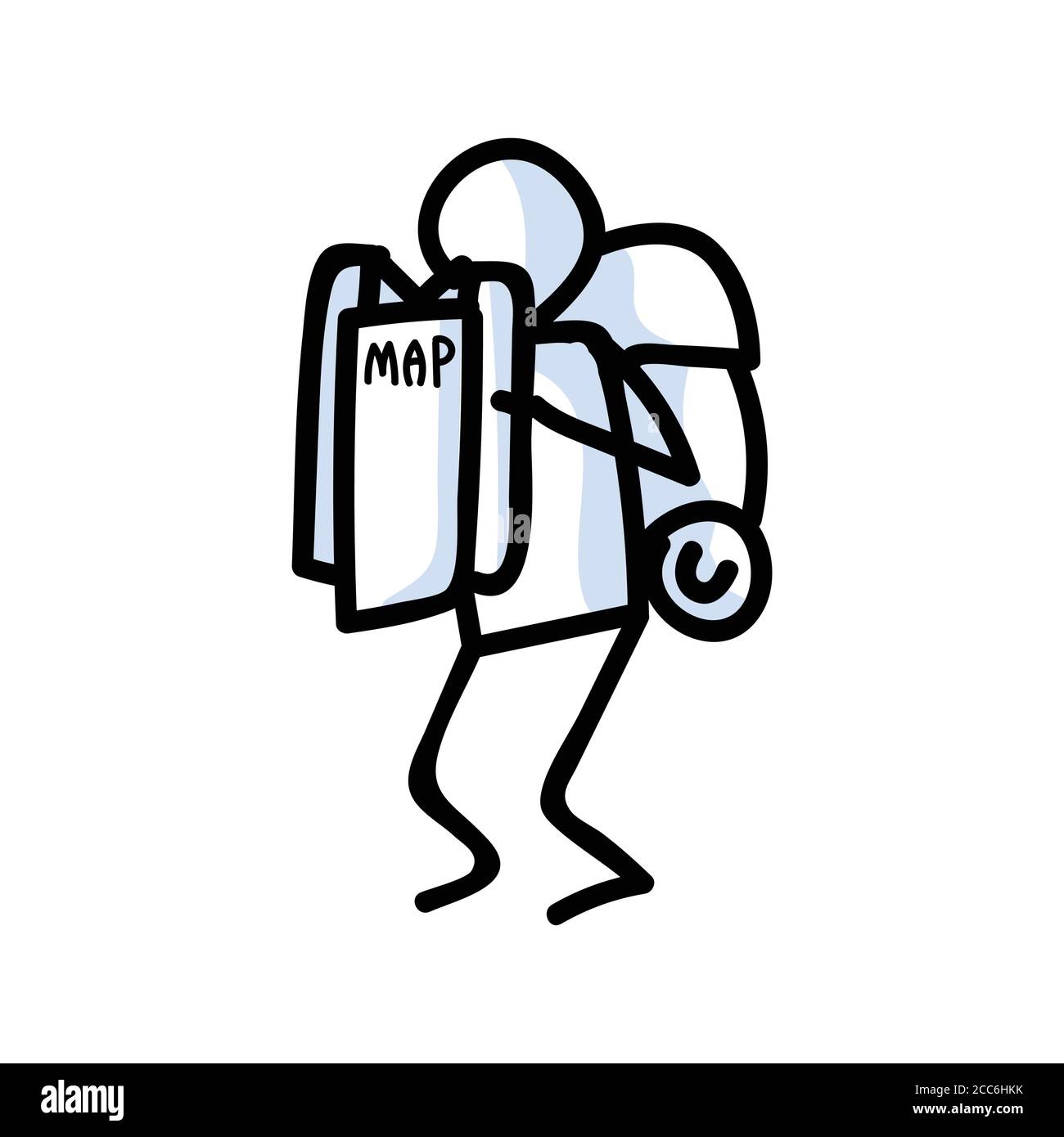 Hand drawn stickman camping with map concept. Simple outdoor vacation ...