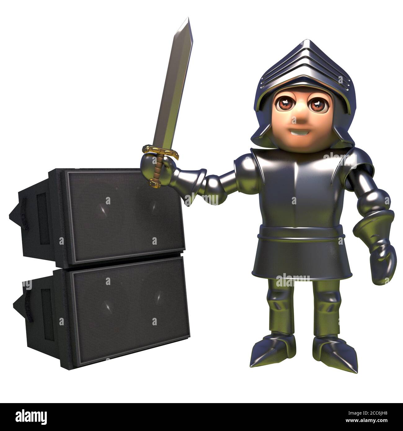 3d cartoon 3d medieval knight in armour waves his sword in front of a ...