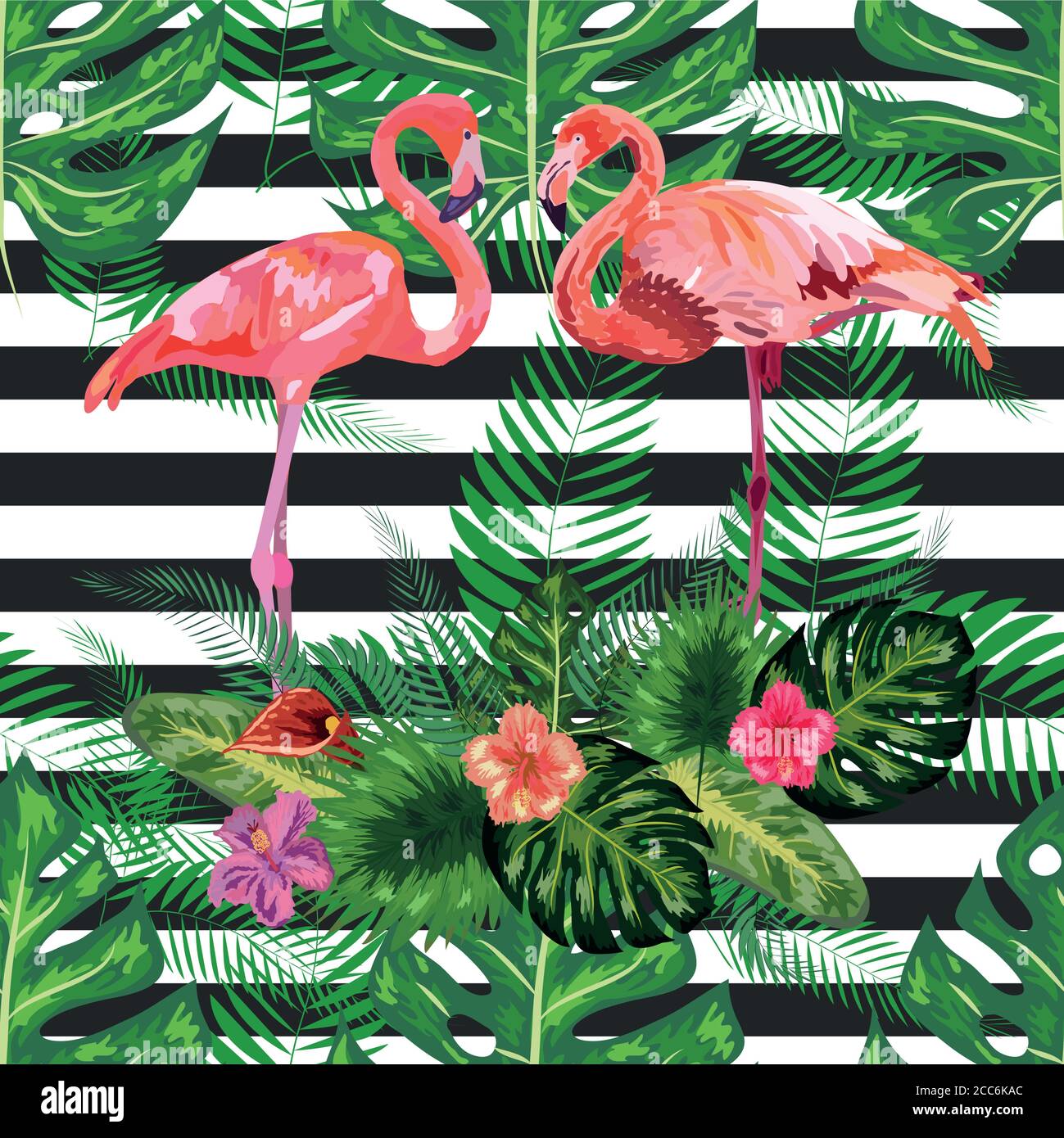 Seamless pattern pink flamingo and hibiscus flower on a black and white ...