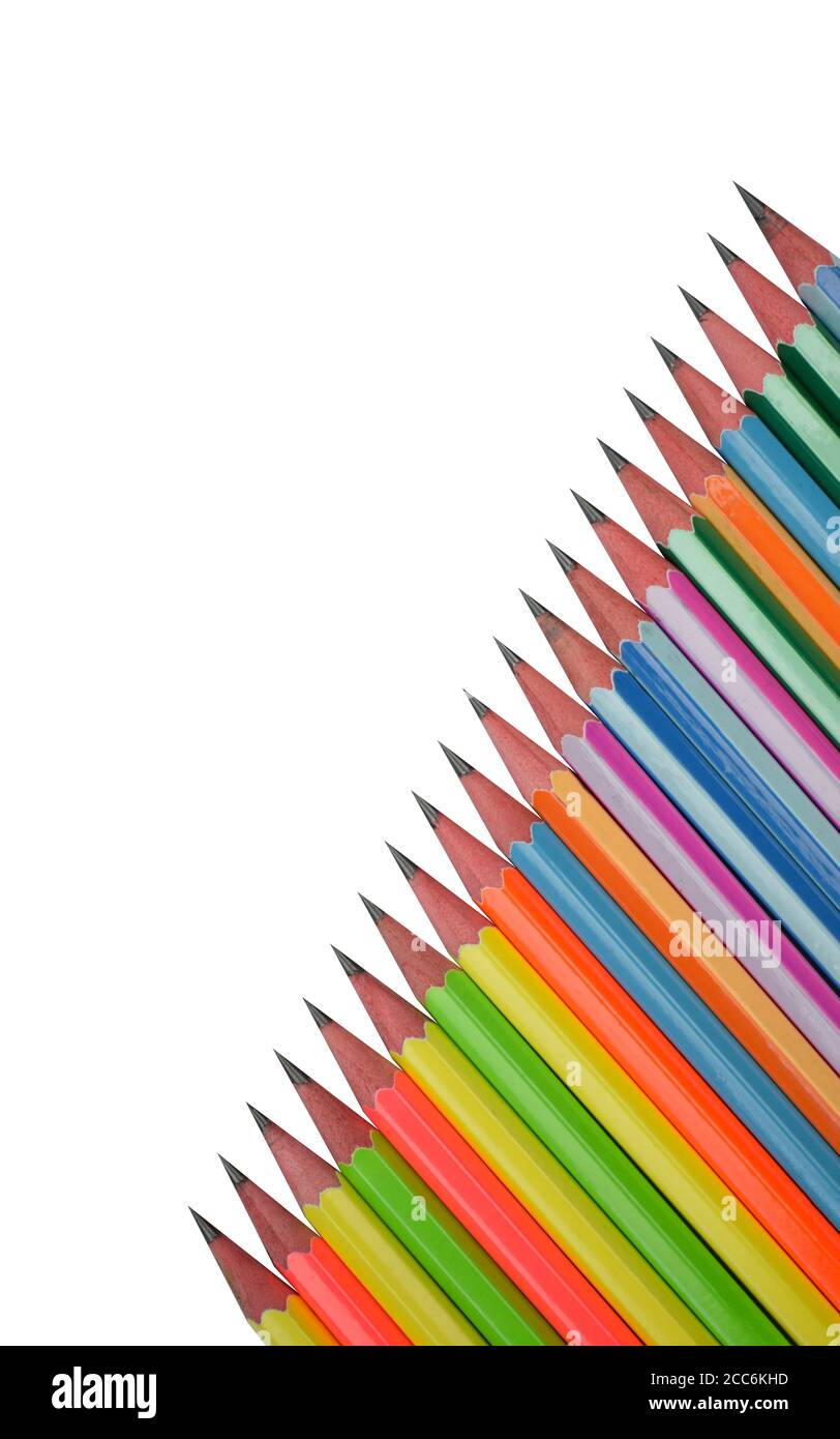 Single line of different colored wood pencil crayons placed on an ...