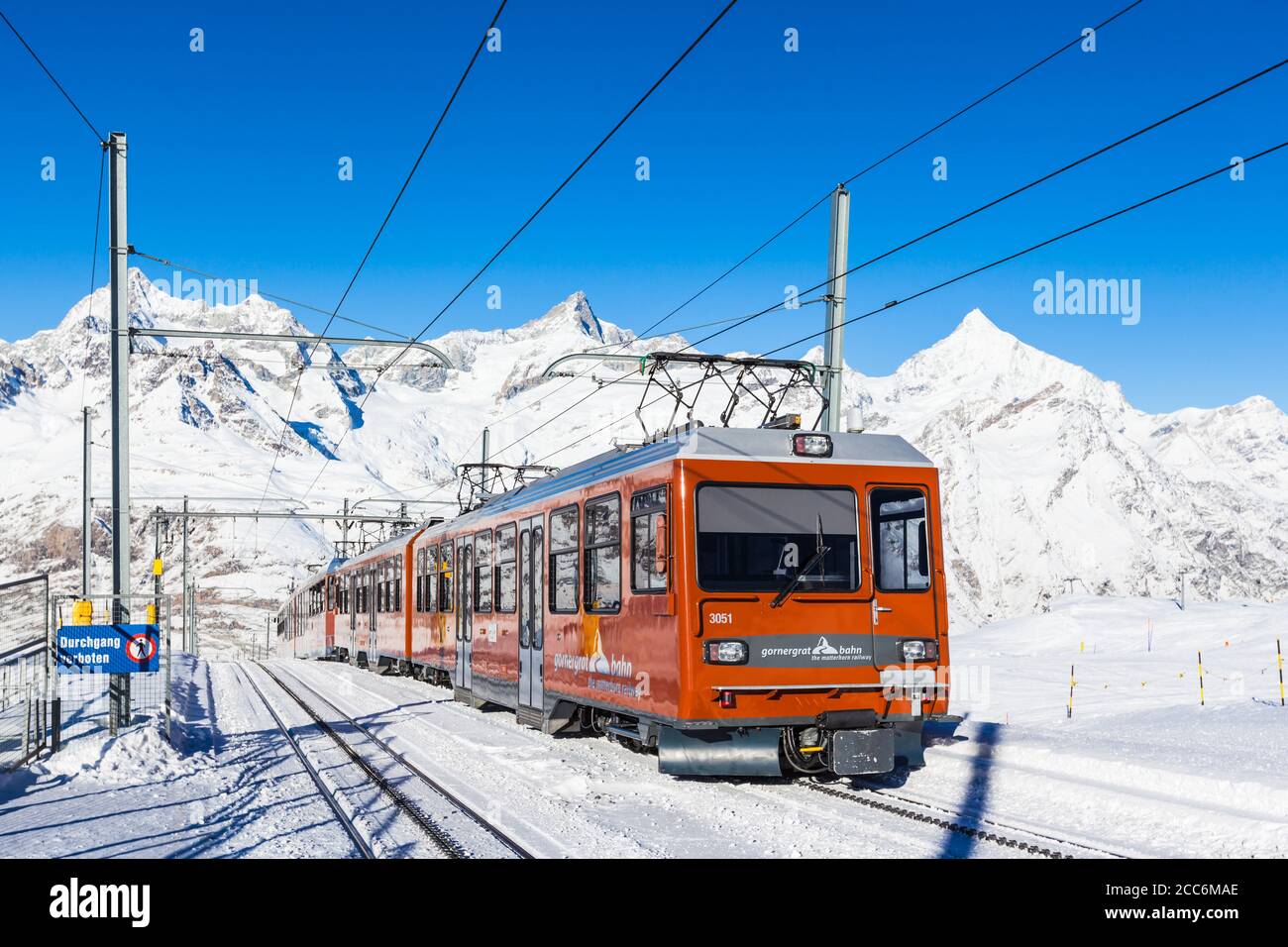 Zermatt, Switzerland - December 31, 2014 - A train of Gonergratbahn ...