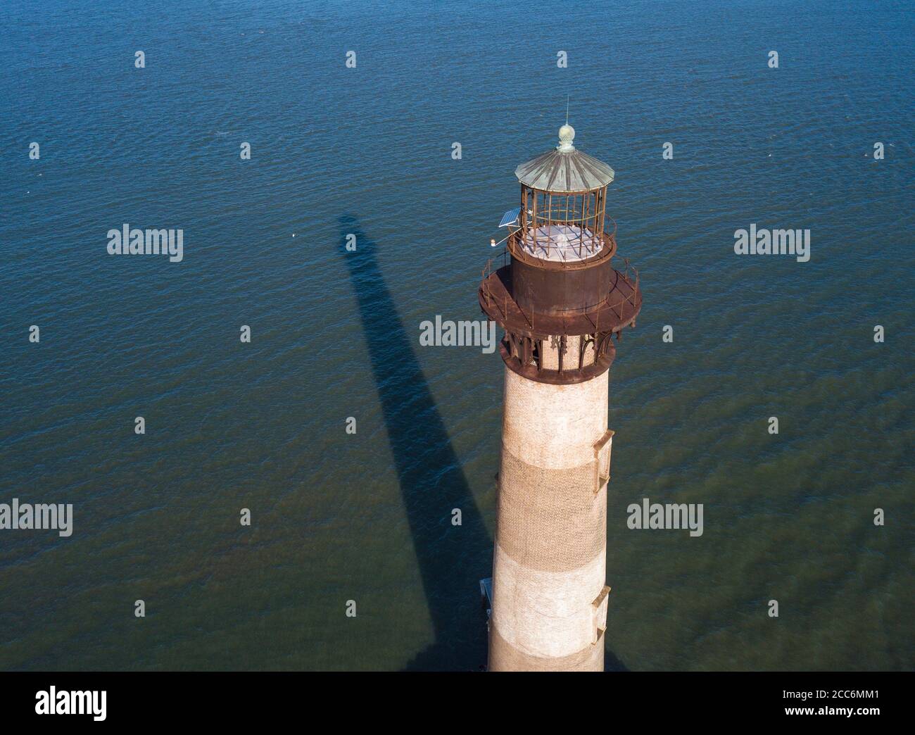 Close up aerial view of the Morris Island Lighthouse near Charleston ...