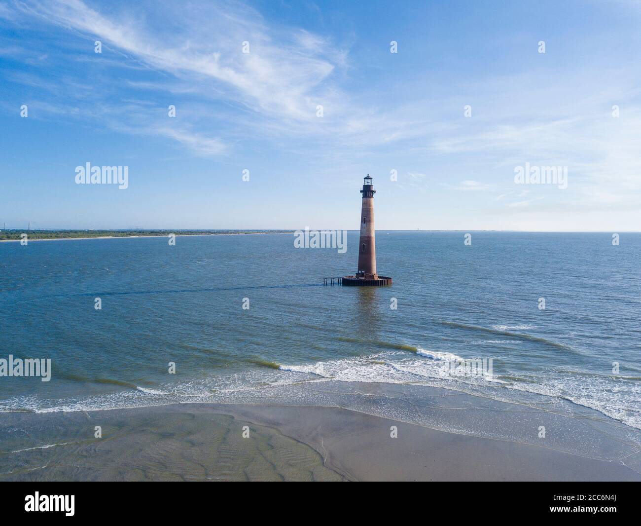Low aerial view of the Morris Island Lighthouse near Folly Beach, South ...