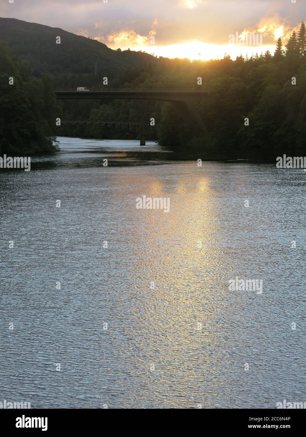 Scottish scenery: a sunset over Loch Faskally with the A9 road bridge ...