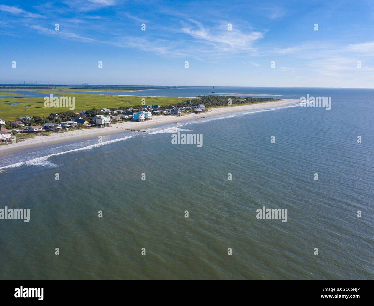 High aerial view of Folly Beach, South Carolina from the sea Stock ...