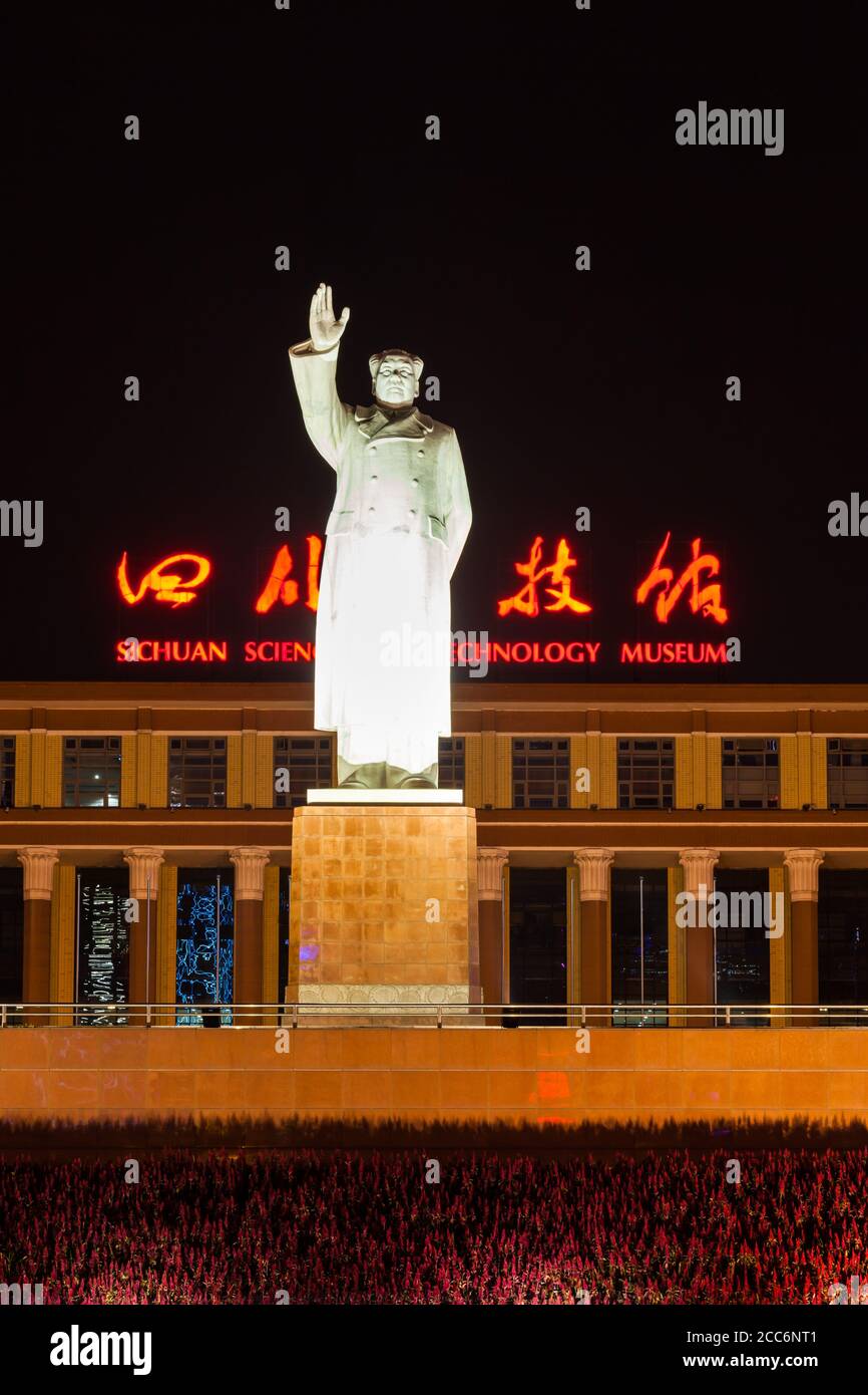 Chengdu, China - August 14, 2015 -Night view of the statue of Chairman ...