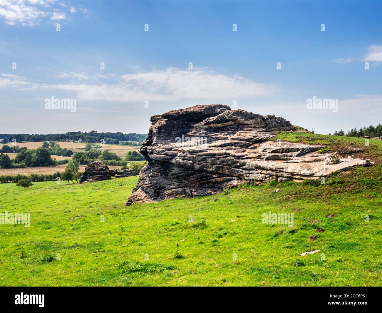 Gritstone rock formation overlooking the Crimple Valley near Spofforth ...