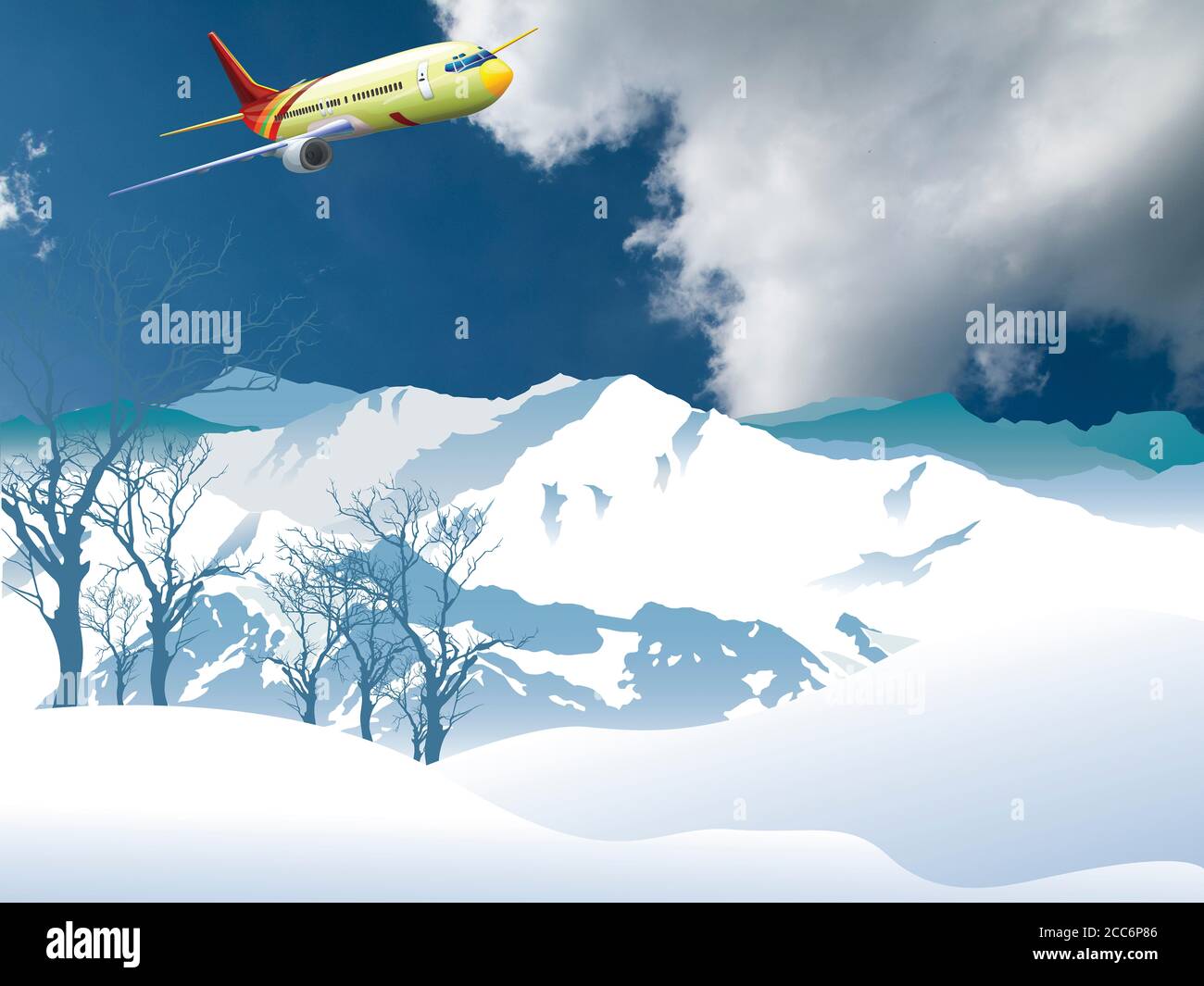 Passenger airplane flying over snow capped mountain range set against a ...