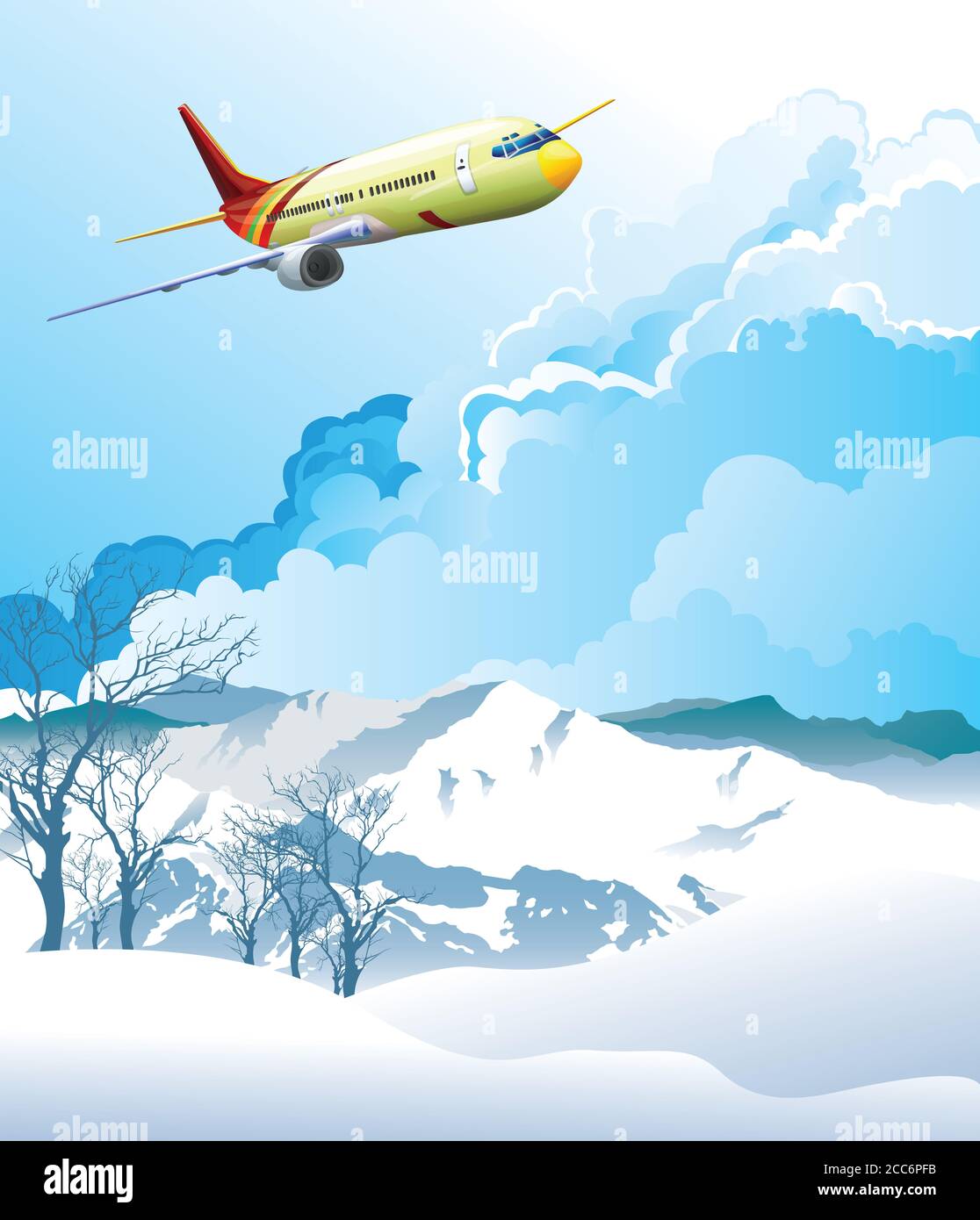 Passenger airplane flying over snow capped mountain range set against a ...