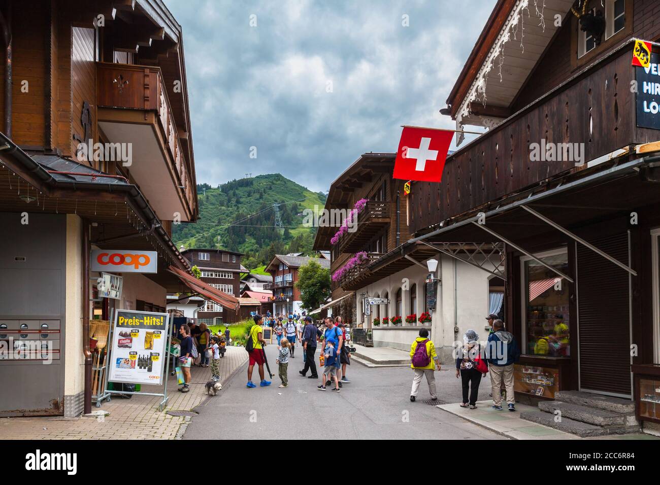 Murren, Switzerland - July 30, 2016 - Tourists visiting the small ...
