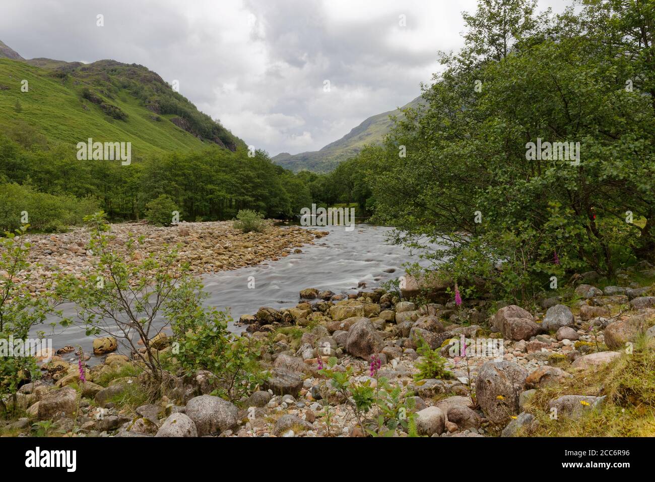 Nevis River flowing in the valley Glen Nevis Fort William Scotland ...