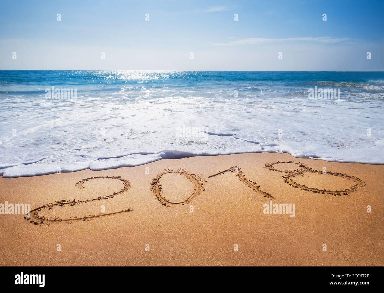 Old Year 2018 expires concept sandy tropical ocean beach lettering ...