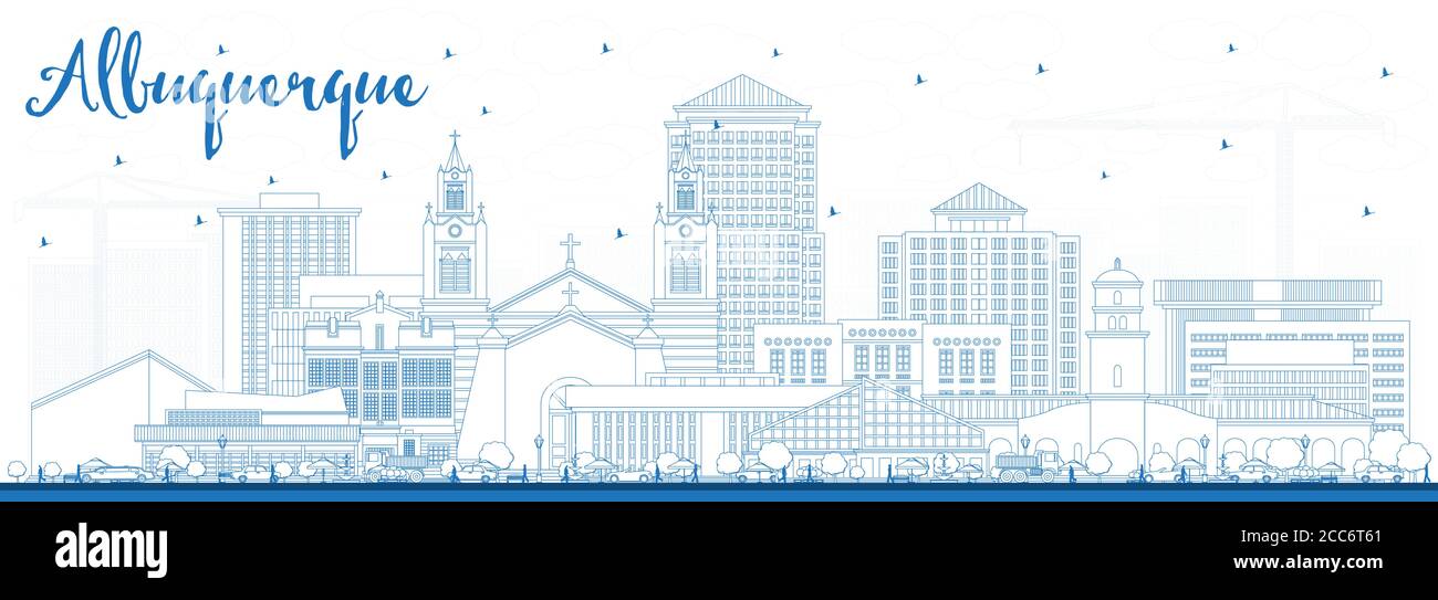Outline Albuquerque New Mexico City Skyline with Blue Buildings. Vector ...