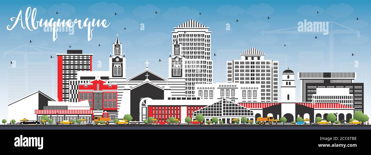 Albuquerque New Mexico City Skyline with Color Buildings and Blue Sky ...