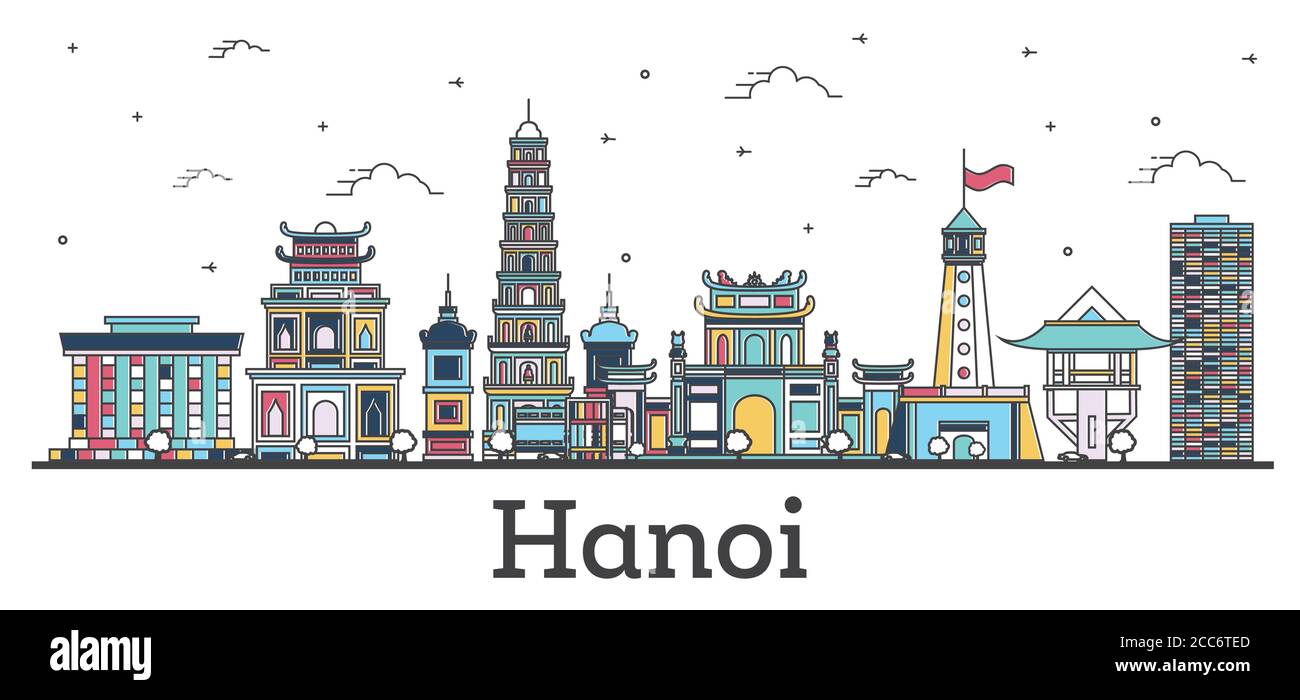 Outline Hanoi Vietnam City Skyline With Color Buildings Isolated On