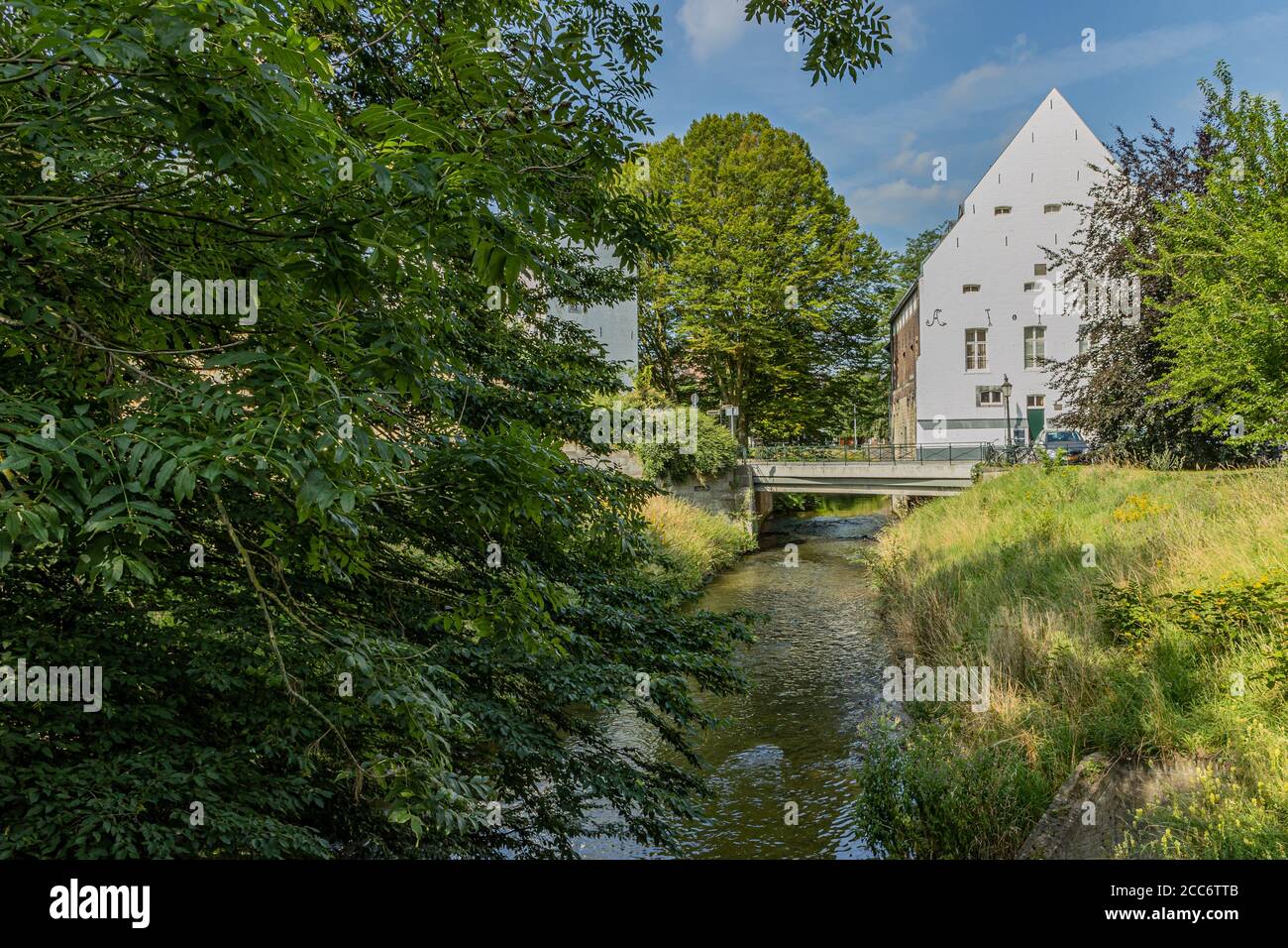 Jeker river with crystal clear water between green leafy trees with a ...