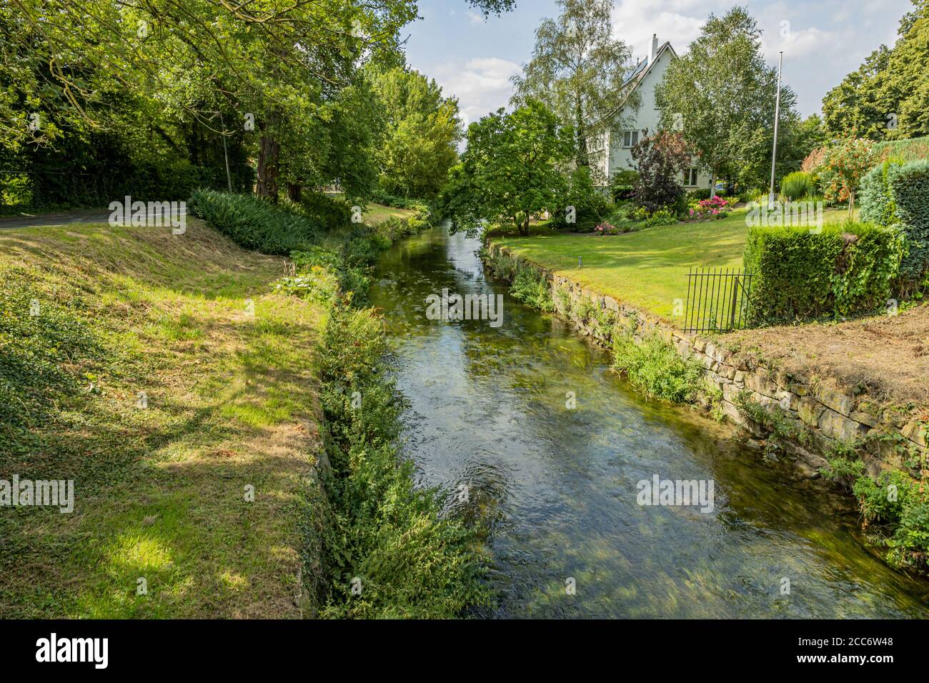 Jeker river with crystal clear water among green grass, trees, green ...