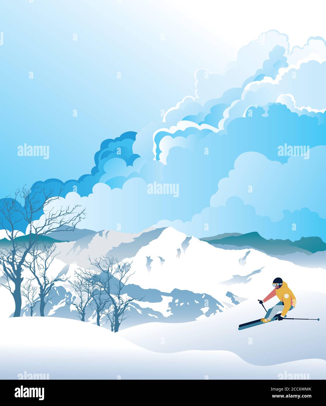 Skier in action with mountains in the background set against a cloudy ...