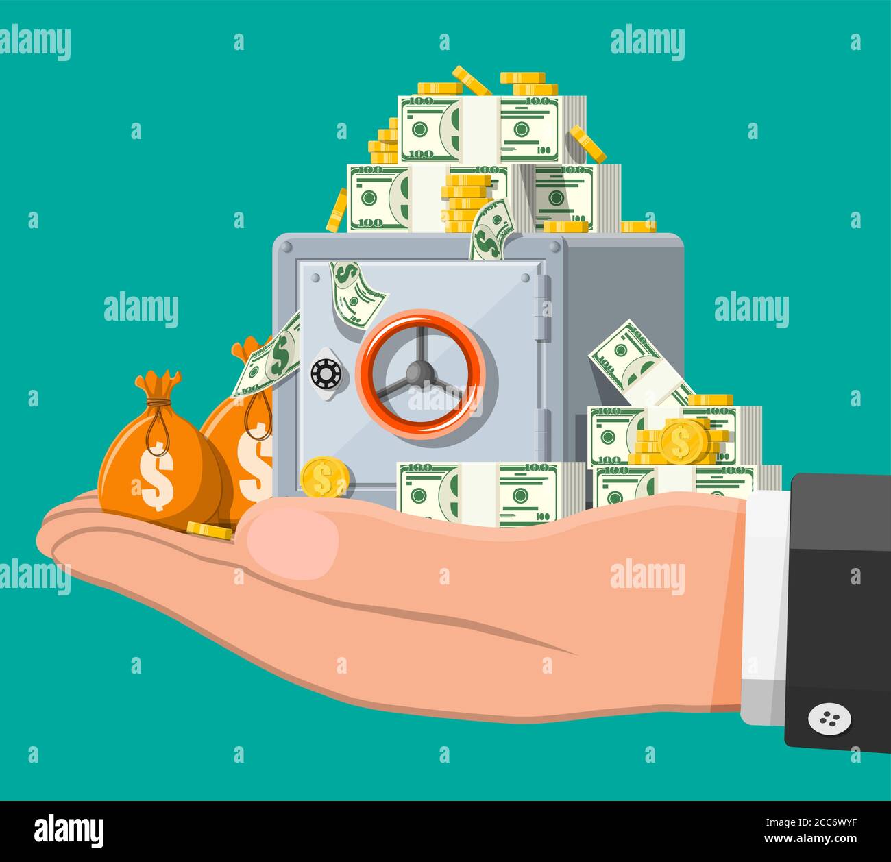 Safe box in hand. Closed silver metallic safe with money. Gold coins ...