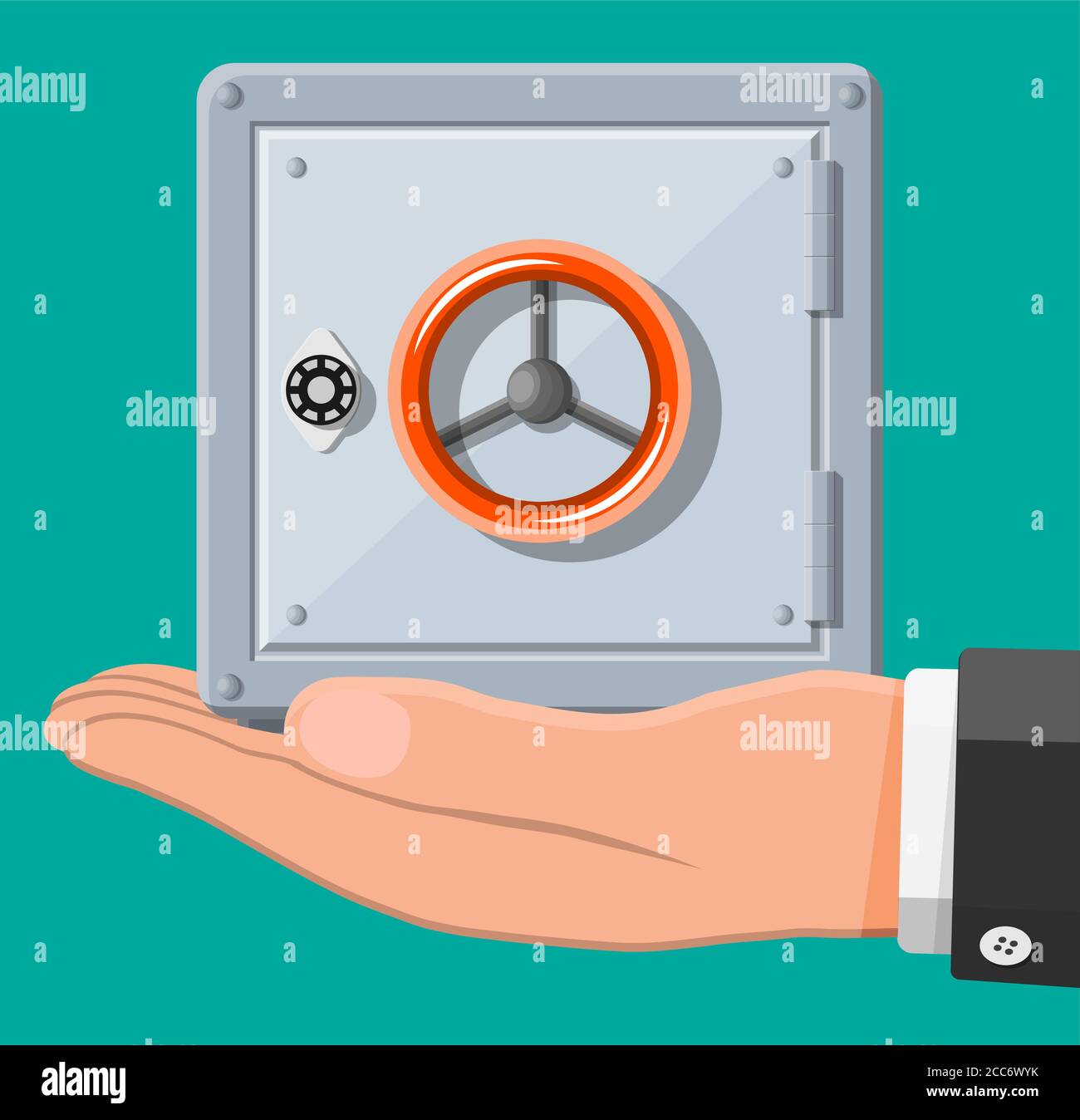 Metallic safe box with closed door for money in hand. Bank vault ...