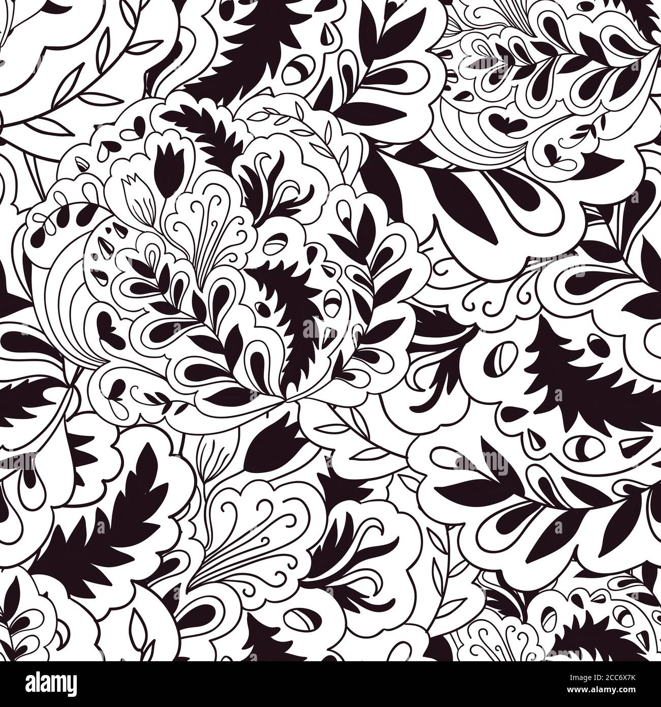 Black and white linear seamless pattern with plant and floral elements ...