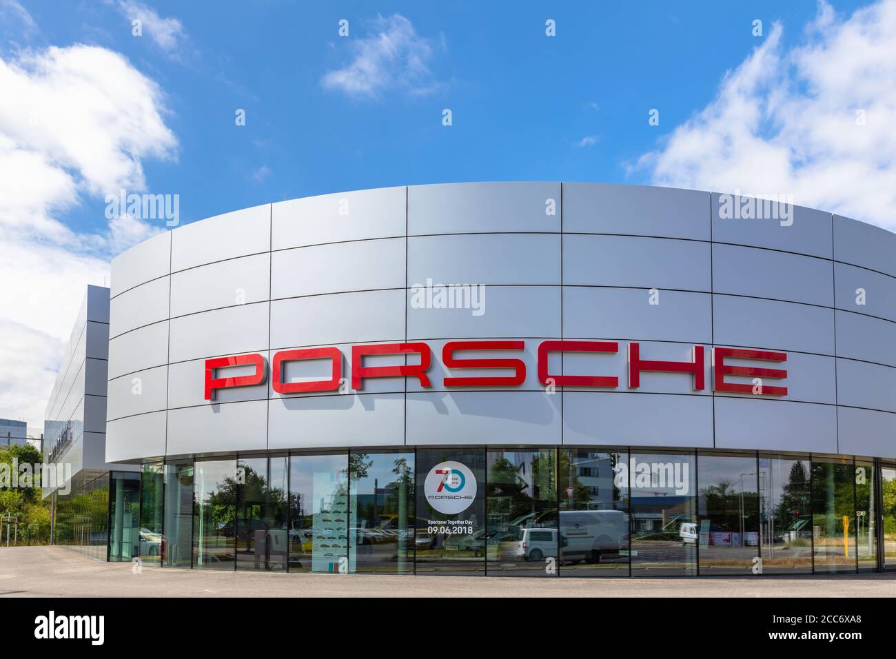 Berlin, Germany - June 12, 2018 - Porsche Center in Berlin Adlershof, a ...