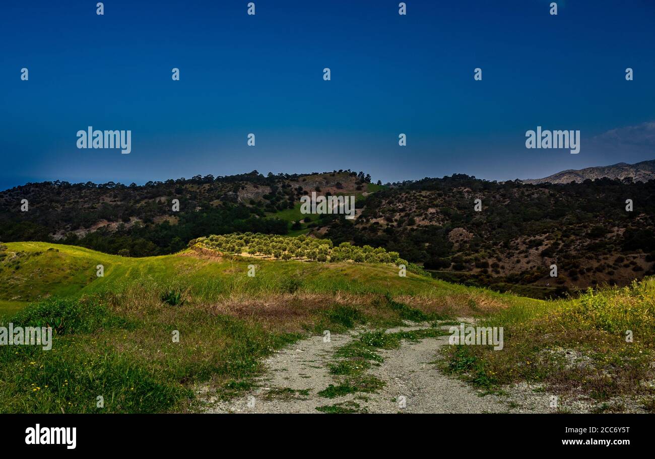 Water meadows and hills on the Mediterranean coast on the island of ...